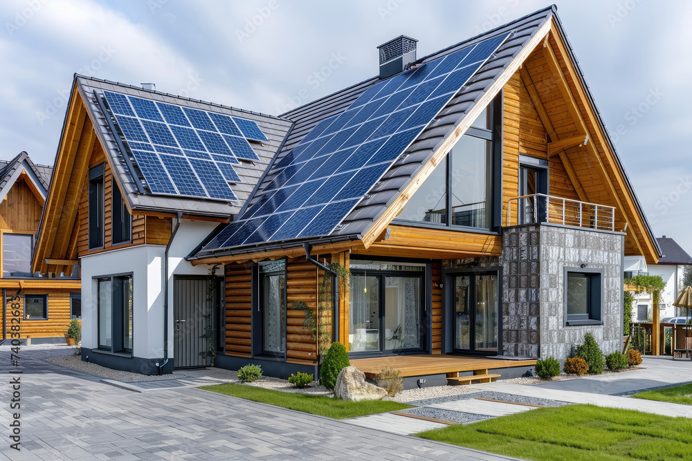 New suburban house with a photovoltaic system on the roof. Modern eco ...