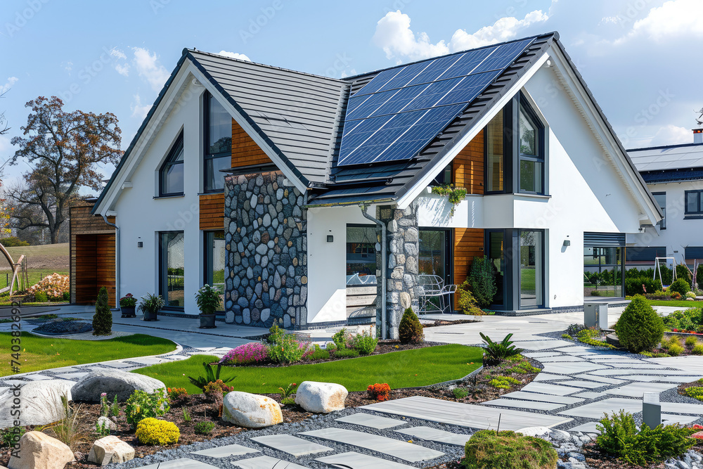 Foto de New suburban house with a photovoltaic system on the roof ...