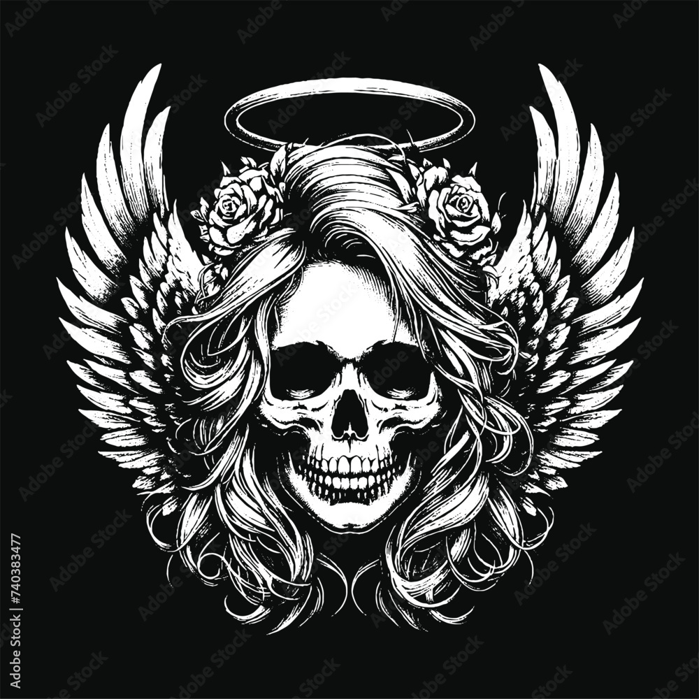 Dark Art Skull Angel Face with Wings Horror Grunge Vintage Tattoo ...