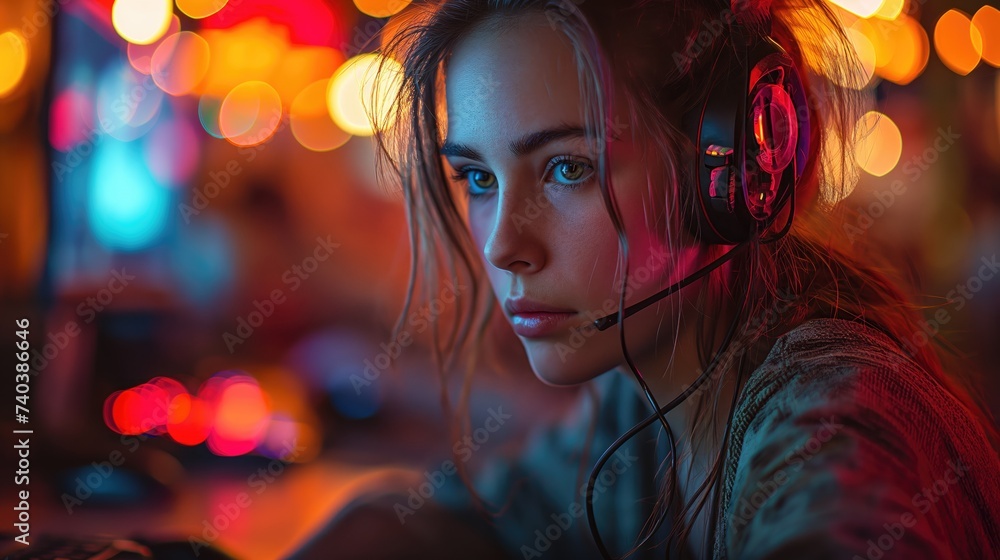 Pretty gamer girl with headphones is playing a video game. Created with ...