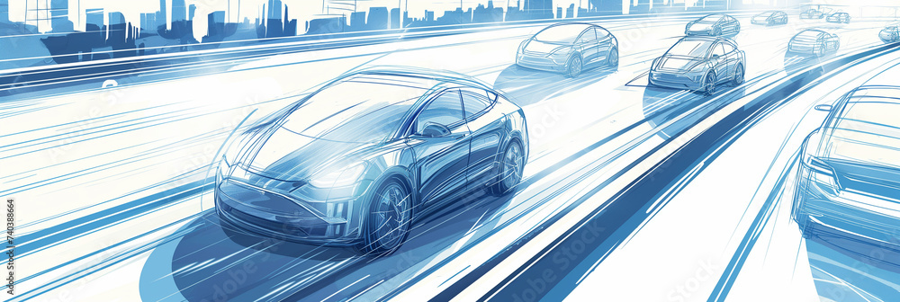 concept sketch of futuristic vehicles on highway with full self driving ...
