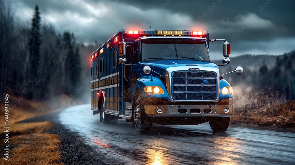 Blue ambulance with flashing lights in action on a rainy city road ...