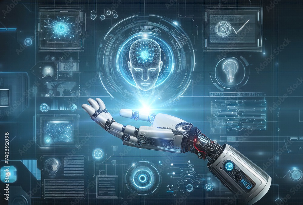 machine learning robot hand touch computer chip and binary data future artificial intelligence ...