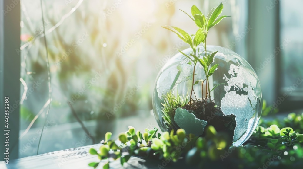 Lush green plants grow within a glass globe, symbolizing a thriving ...
