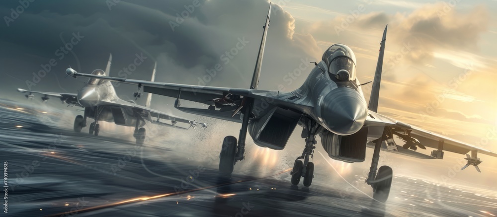 Aerodynamic fighter jet soaring over a colossal naval vessel on the ...