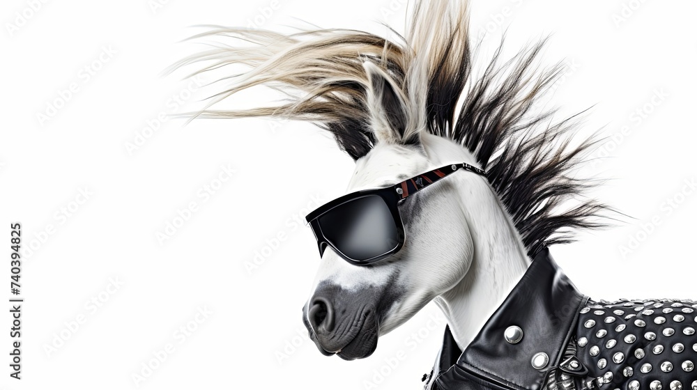 Punk rock horse in sunglasses isolated on white background ...