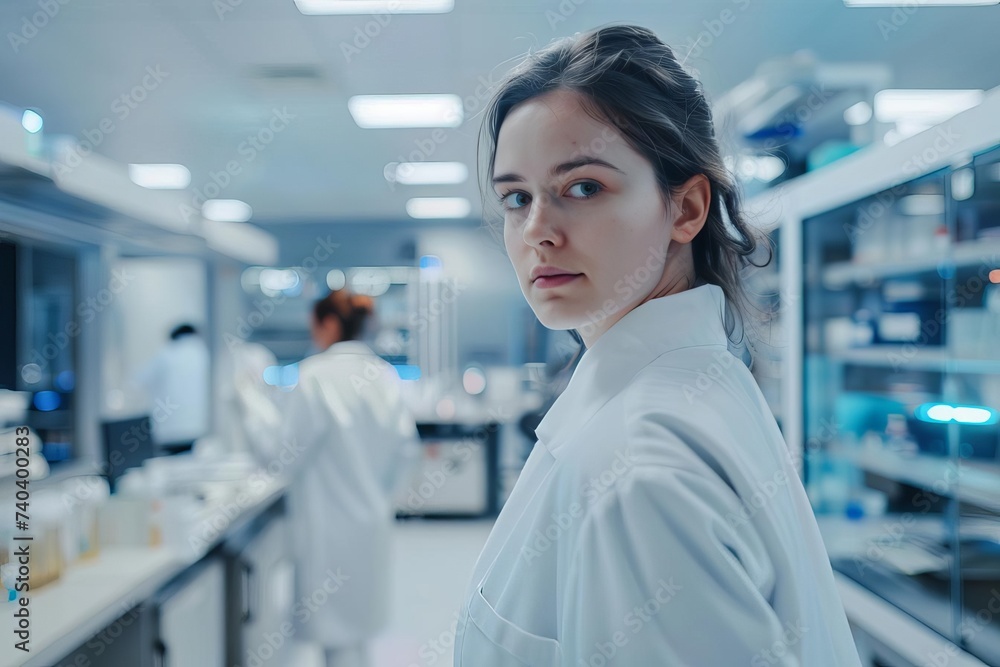 Young female scientist leading a research team in a state-of-the-art ...