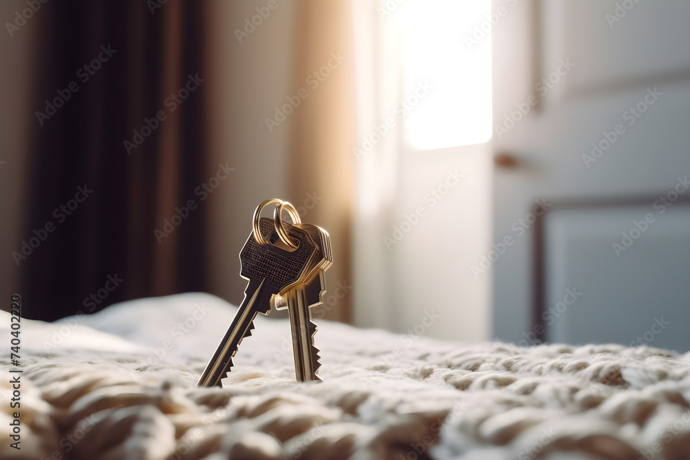 Opening door with golden house key chain on fuzzy interior background ...