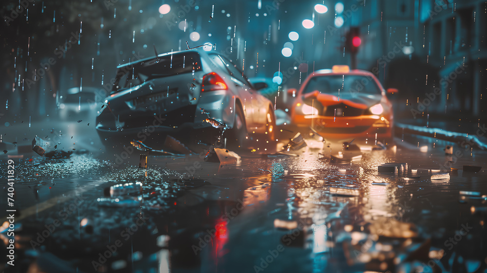 Rain-soaked street scene of a car accident at night with city lights ...