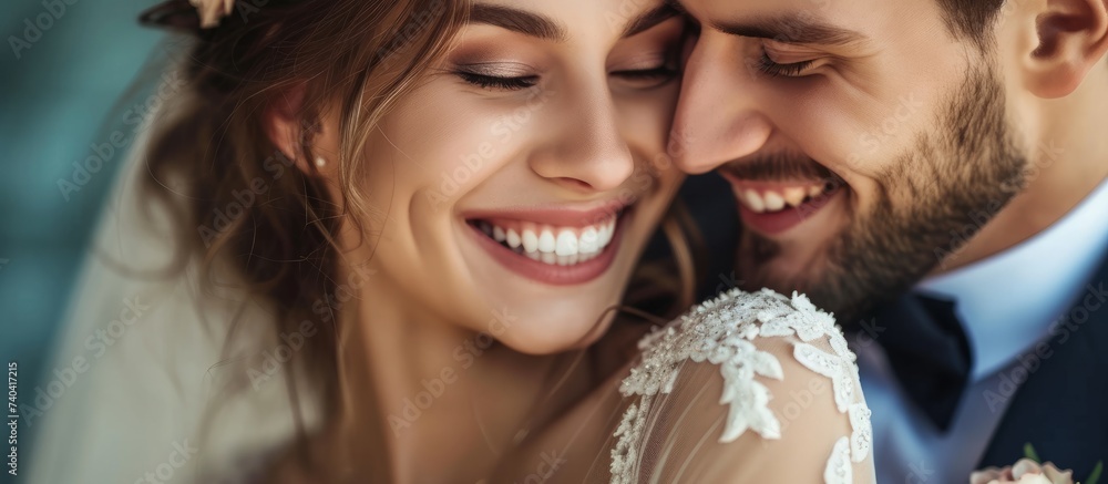 The bride and grooms happy smile lights up their faces as they embrace ...
