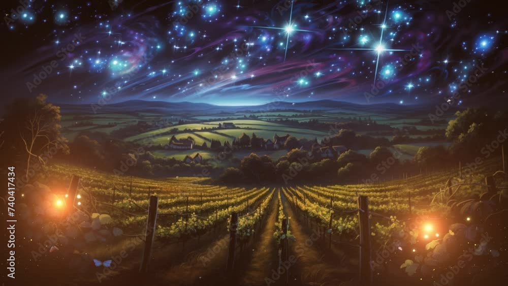 Vidéo Stock starlit vineyard at night with grape emitting. anime ...