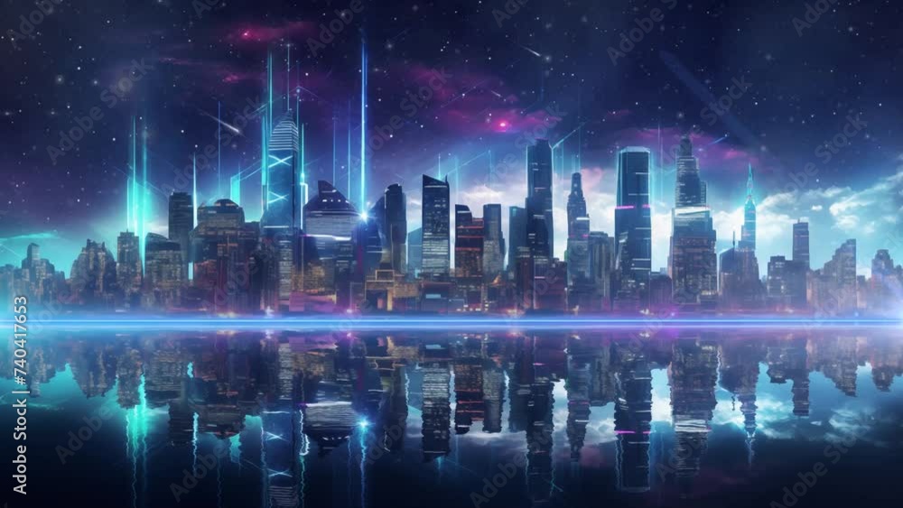 beautiful skyline city with reflection on water. futuristic city ...