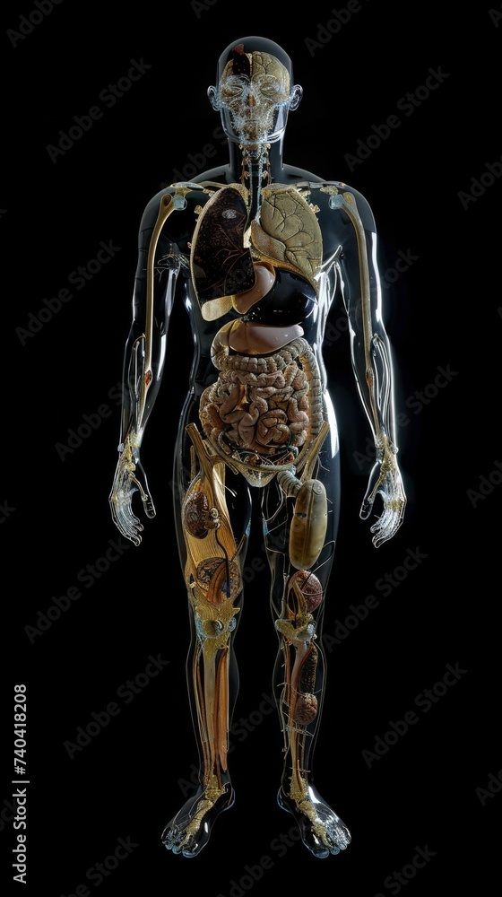 Human anatomy, full body, transparent skin showing organs, educational ...