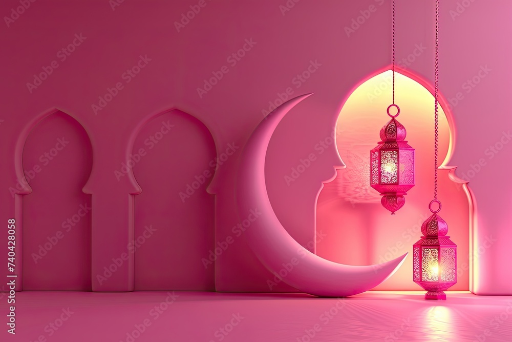 elegant fuchsia islamic desktop wallpaper background with crescent moon ...