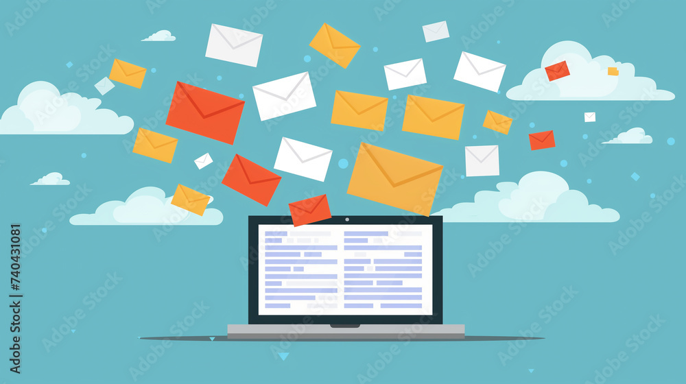 An illustration of a laptop receiving multiple emails shows flying ...