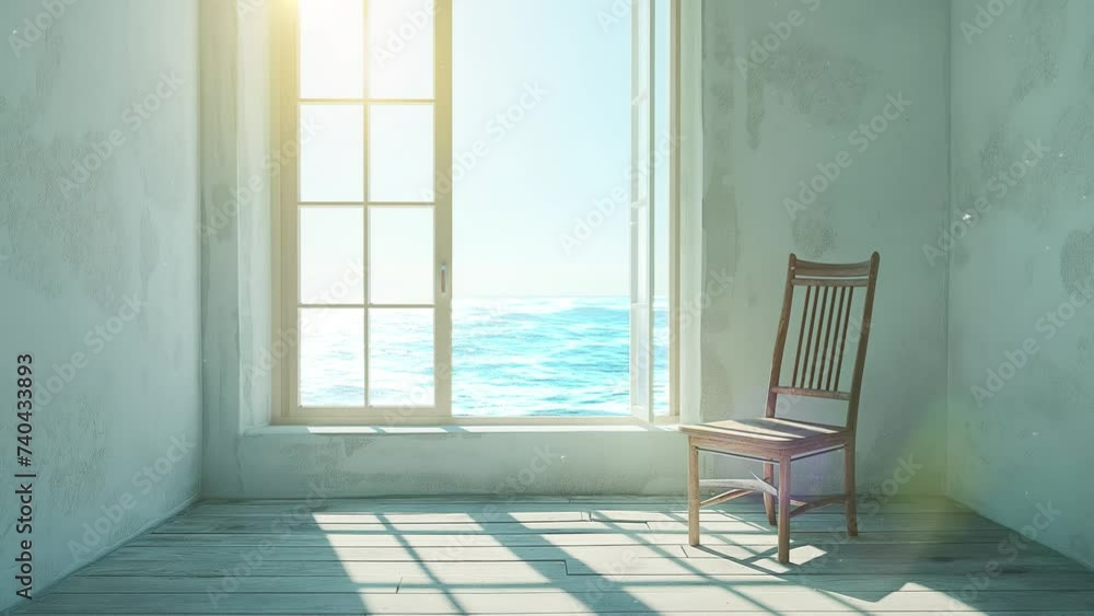 chair in sunny window overlooking ocean. empty room with window and ...