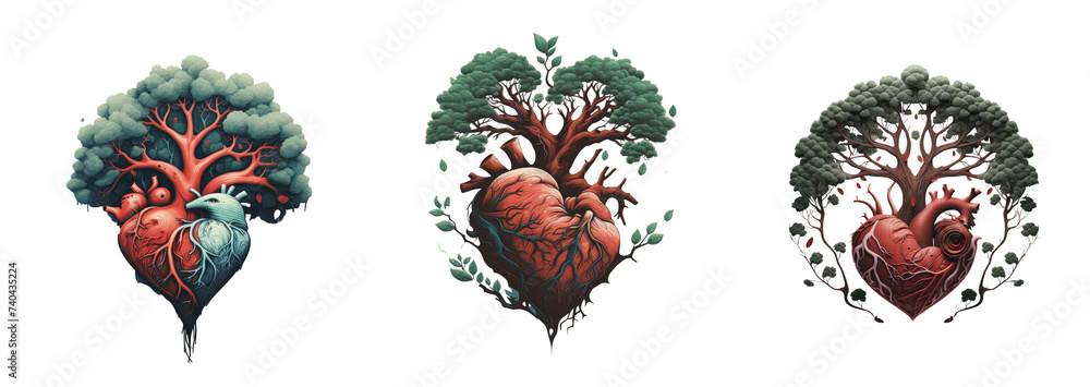 Tree in the center has root in a shape of a realistic human heart, and ...
