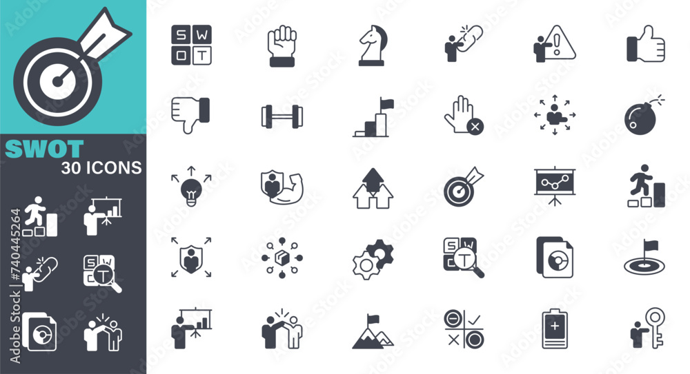 SWOT analysis with strength, weakness, opportunities Icons set. Solid ...