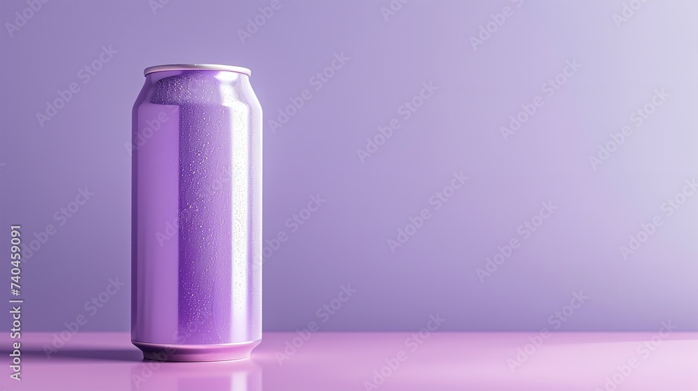 Portrait of a purple color drink can mockup in a clean and soft surface ...