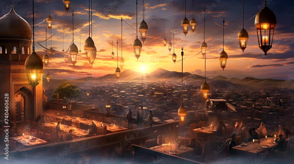 a warm and inviting wallpaper capturing the essence of a Ramadan iftar ...