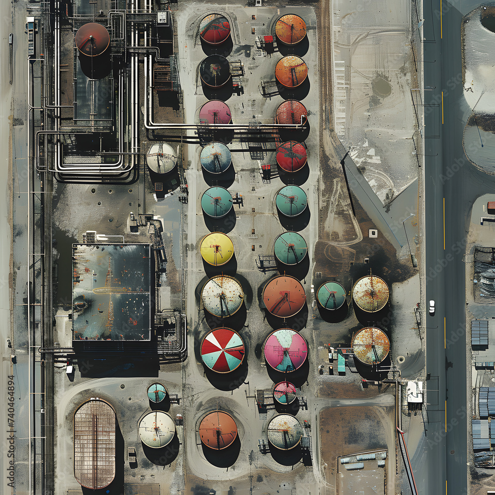 Colorful Industrial oil storage Tanks. A bird's eye view captures the ...