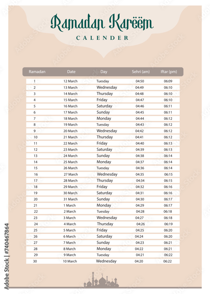 Ramadan Calendar 2024 With Prayer times in Ramadan. Ramadan Schedule ...