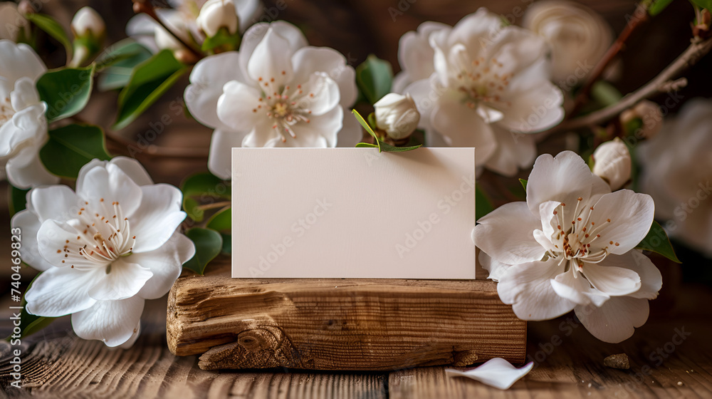 Rustic Mockup with White Cherry Blossoms and Blank Business Card on ...