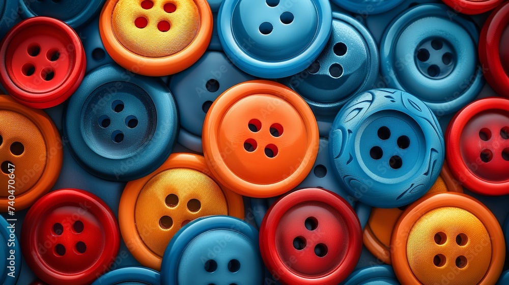 Top view of colorful sewing buttons in a surface with various sizes and ...