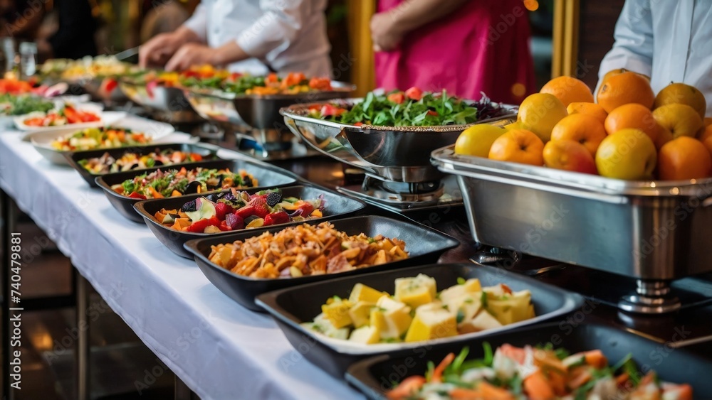 Group catering buffet food indoor in restaurant with steak meat ...