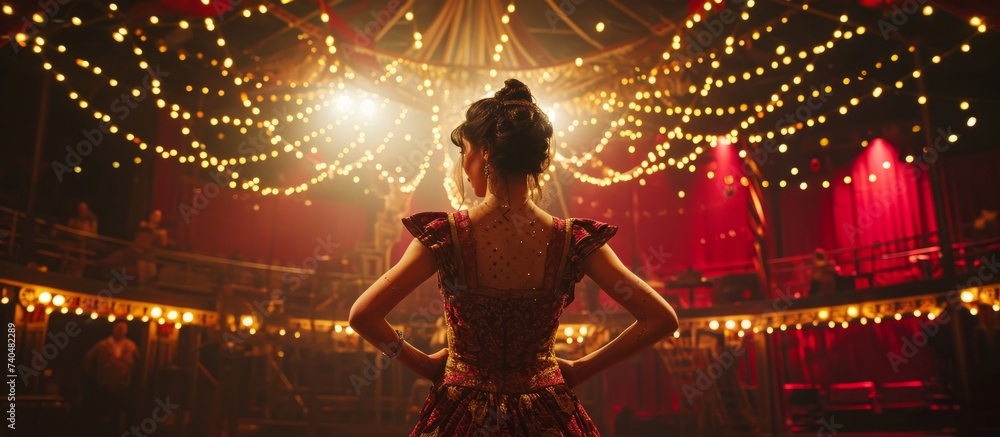 A female performer in a vibrant red dress stands under a dazzling ...