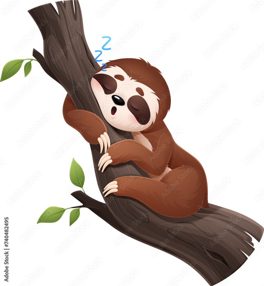 Cartoon lazy sloth animal character sleeps on tree. Isolated vector ...