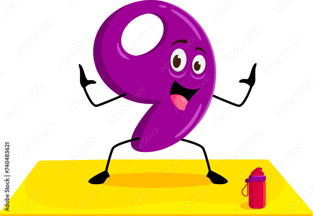 Cartoon math number nine character on yoga fitness sport. Isolated ...