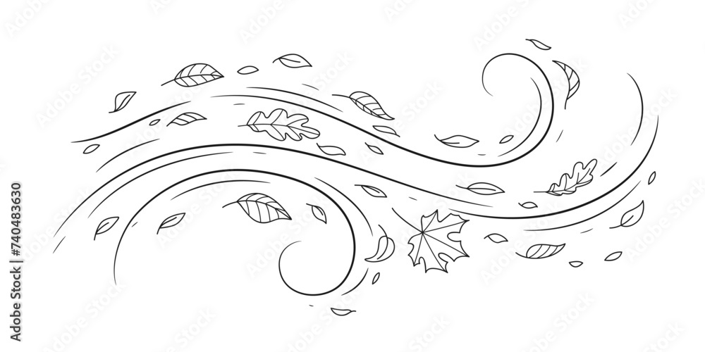 Doodle air wind and flying autumn leaves in hurricane blow or windy ...