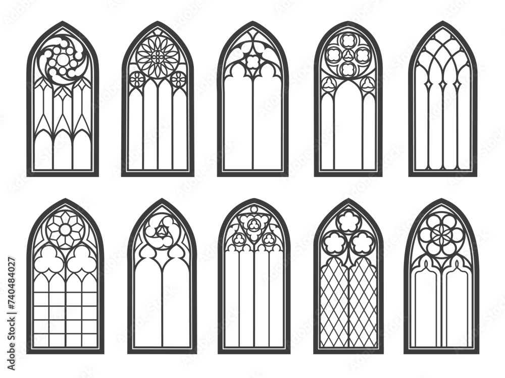 Medieval gothic church glass windows and castle arches of cathedral ...
