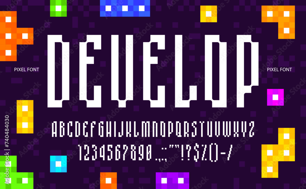 Digital pixel font, modern typeface or 8bit geometric alphabet, vector ...