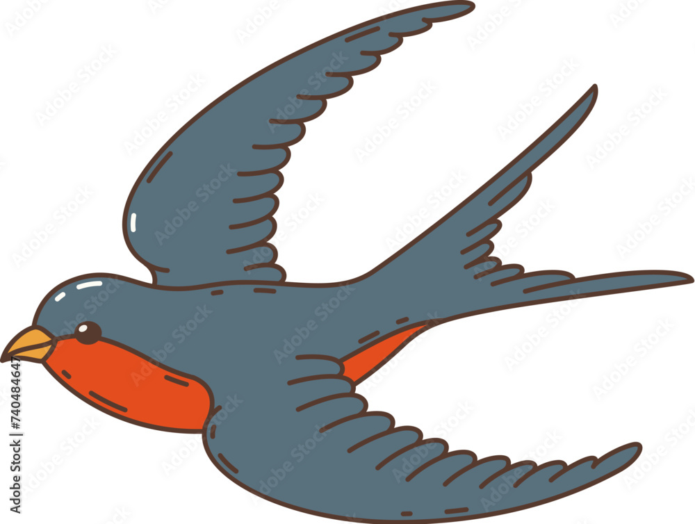 Cartoon retro groovy hippie swallow bird. Isolated vector martlet with ...