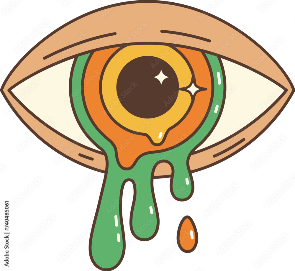 Cartoon retro groovy hippie eye with melting colorful psychedelic ...