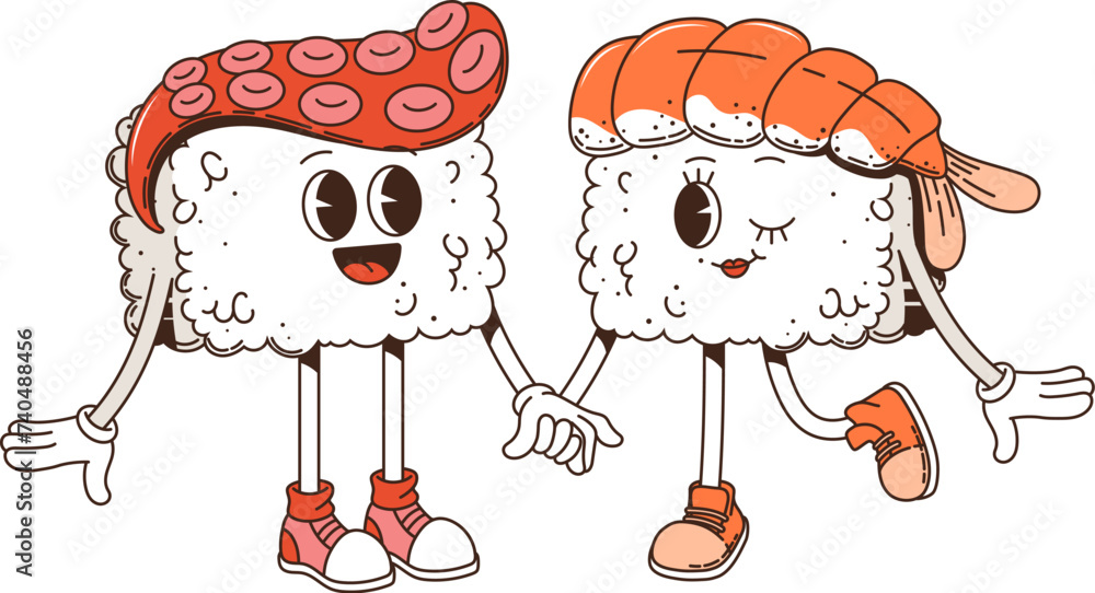 Cartoon retro groovy sushi characters couple or friends, vector comic ...