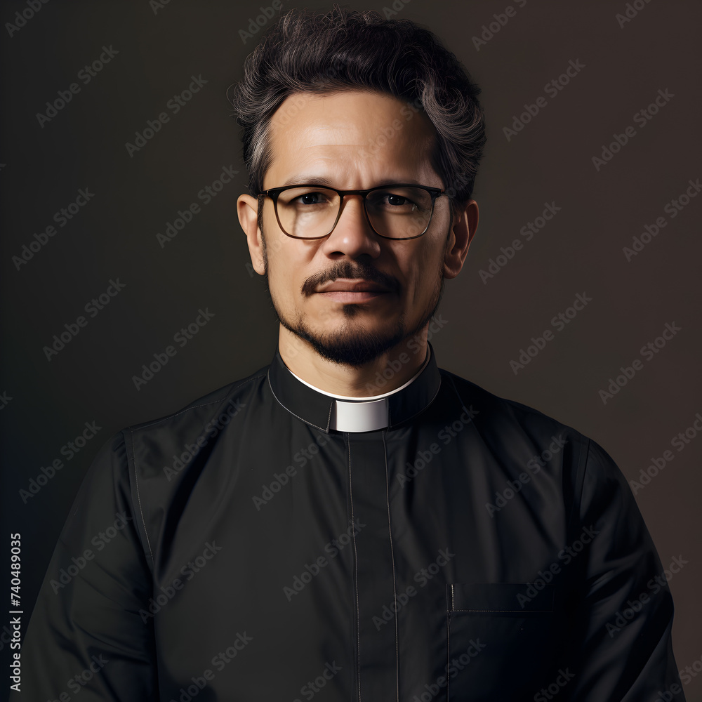 Portrait of a young pastor wearing a black shirt and clerical collar ...