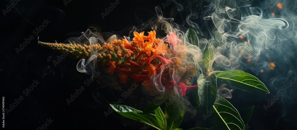 A flower, a terrestrial plant, is enveloped by smoke against a black ...