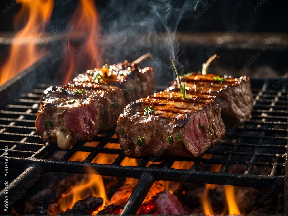 A fiery grill sizzles with a mouth-watering assortment of meats, from ...