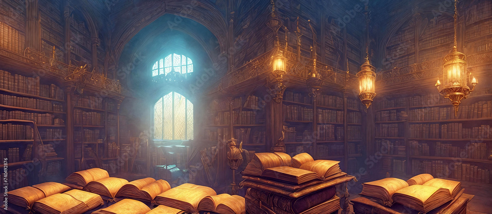 Magical library with a showcase towering shelves of ancient tomes. Generative AI. Stock ...