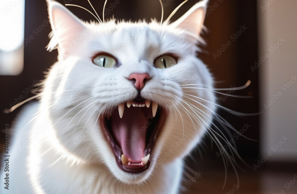 Angry cat muzzle close up. Aggressive animal concept. Evil feline snarling and looking furious ...