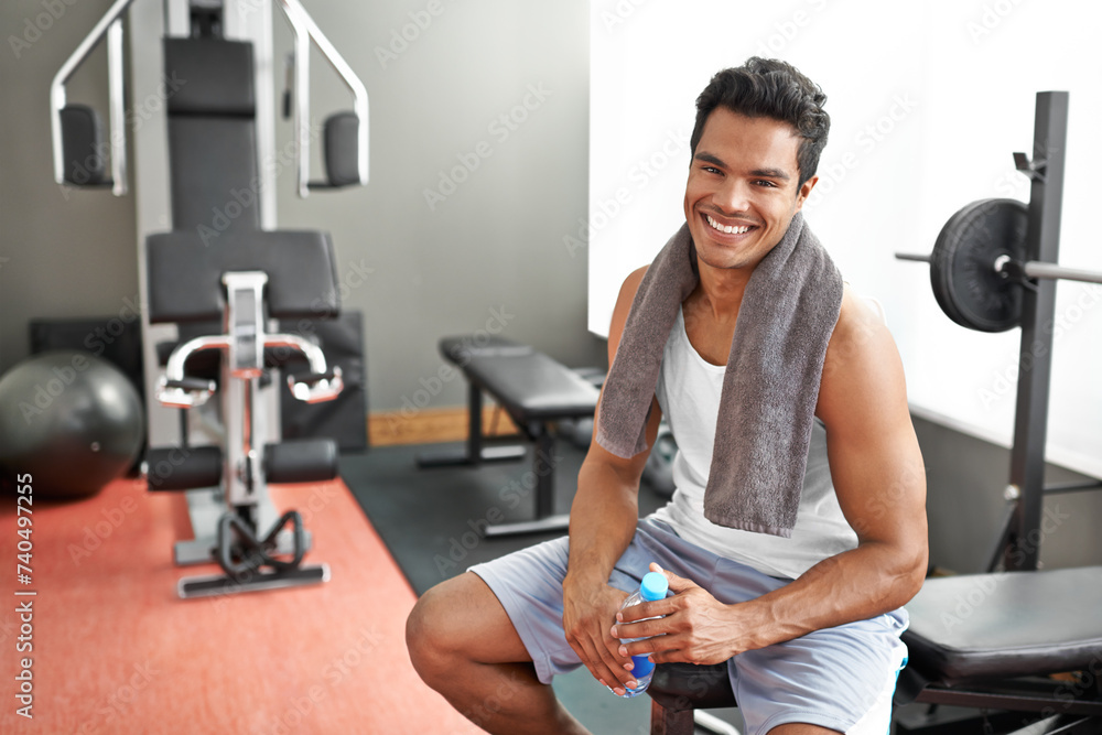 Gym, portrait and happy man with water bottle for recovery after ...