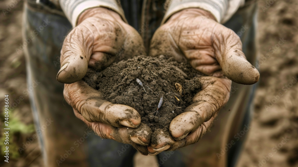 Closeup of a farmers weathered hands holding a handful of rich dark ...