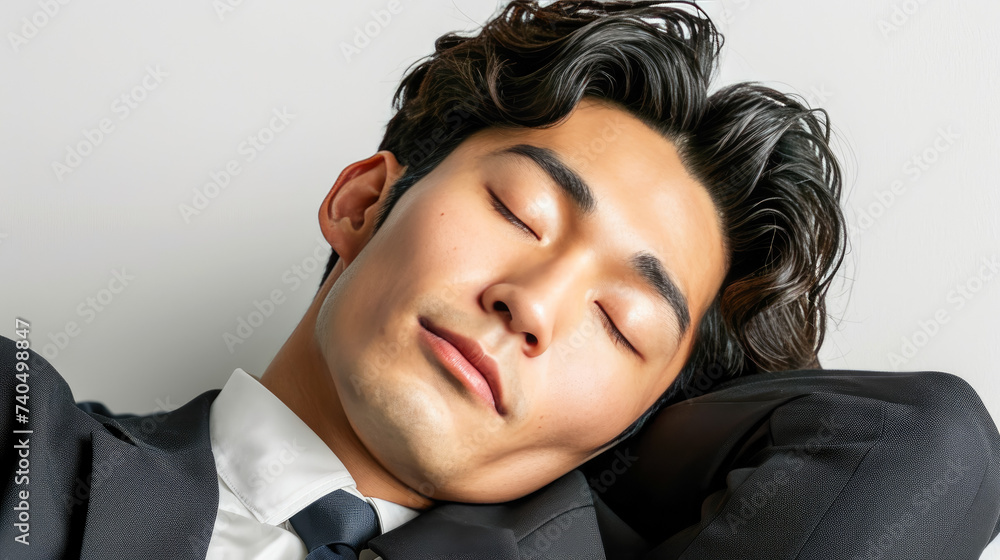 Young, ambitious, business man, black suit, happy face, close eyes. He ...