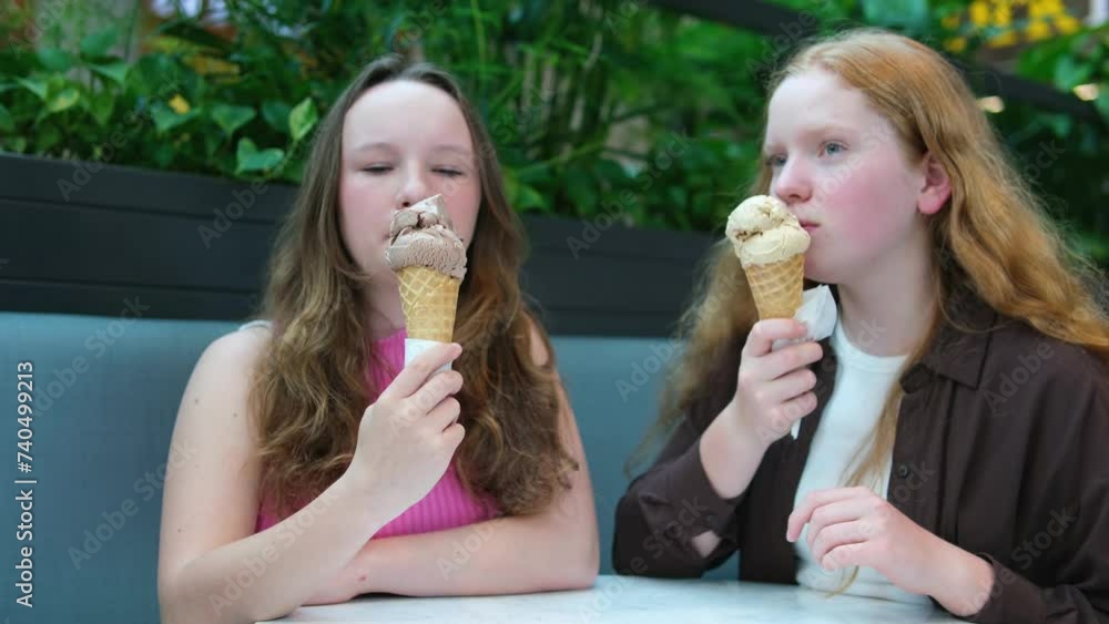 Vidéo Stock Teenagers, two girls, friends, eating ice cream in a park ...