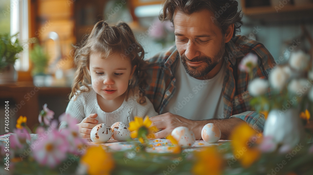Foto de Dad with children with easter eggs in the kitchen, smiling kids ...