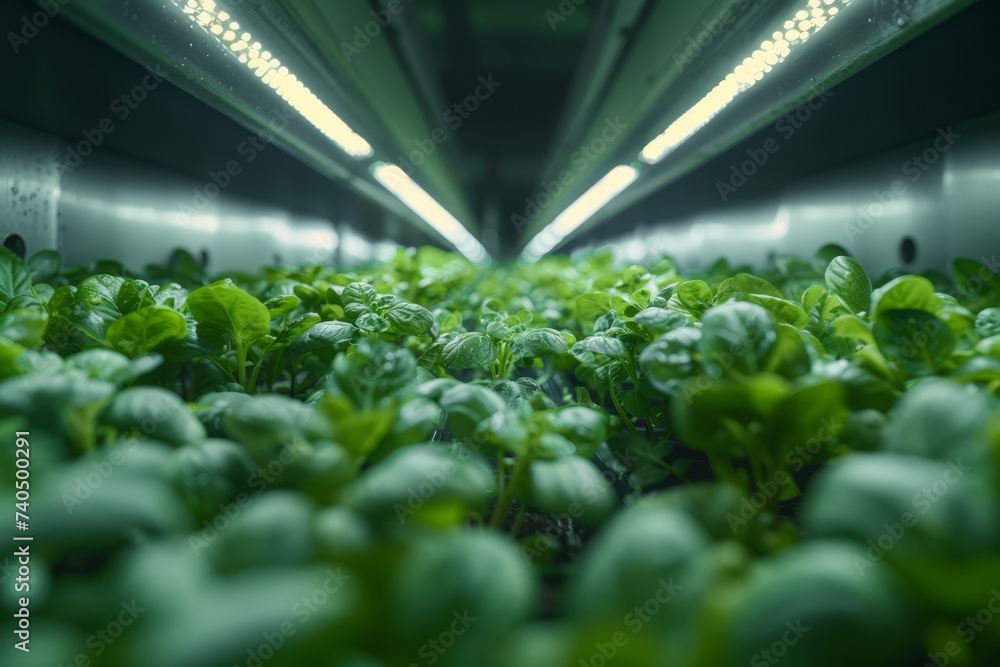 Vegetables are growing in indoor farm(vertical farm). Plants on ...