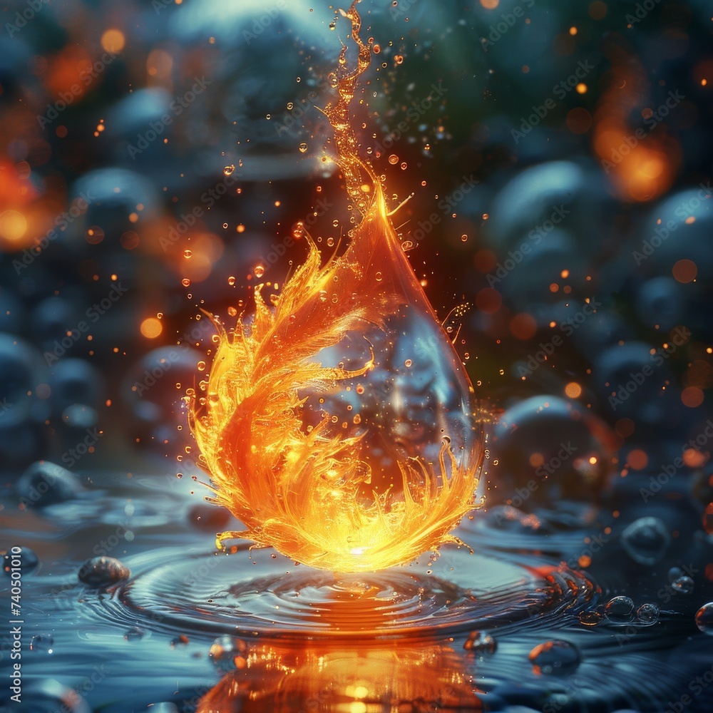 Icicle melting into a droplet inside which a frozen phoenix is reborn ...